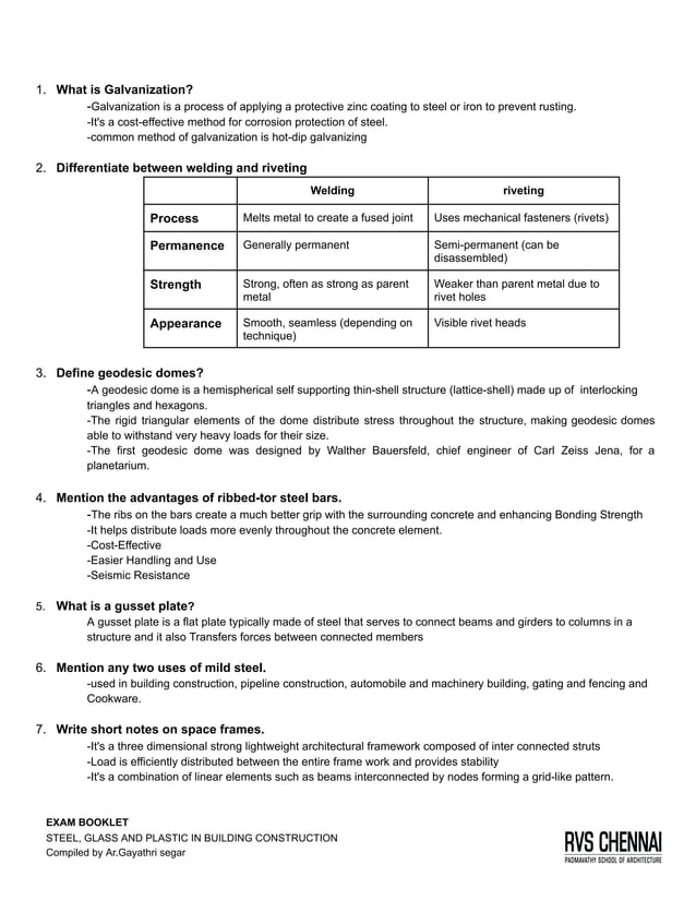 STEEL, GLASS, PLASTICS IN BUILDING CONSTRUCTION, EXAM BOOKLET, Sem 6, B arch, Architecture, Anna ...