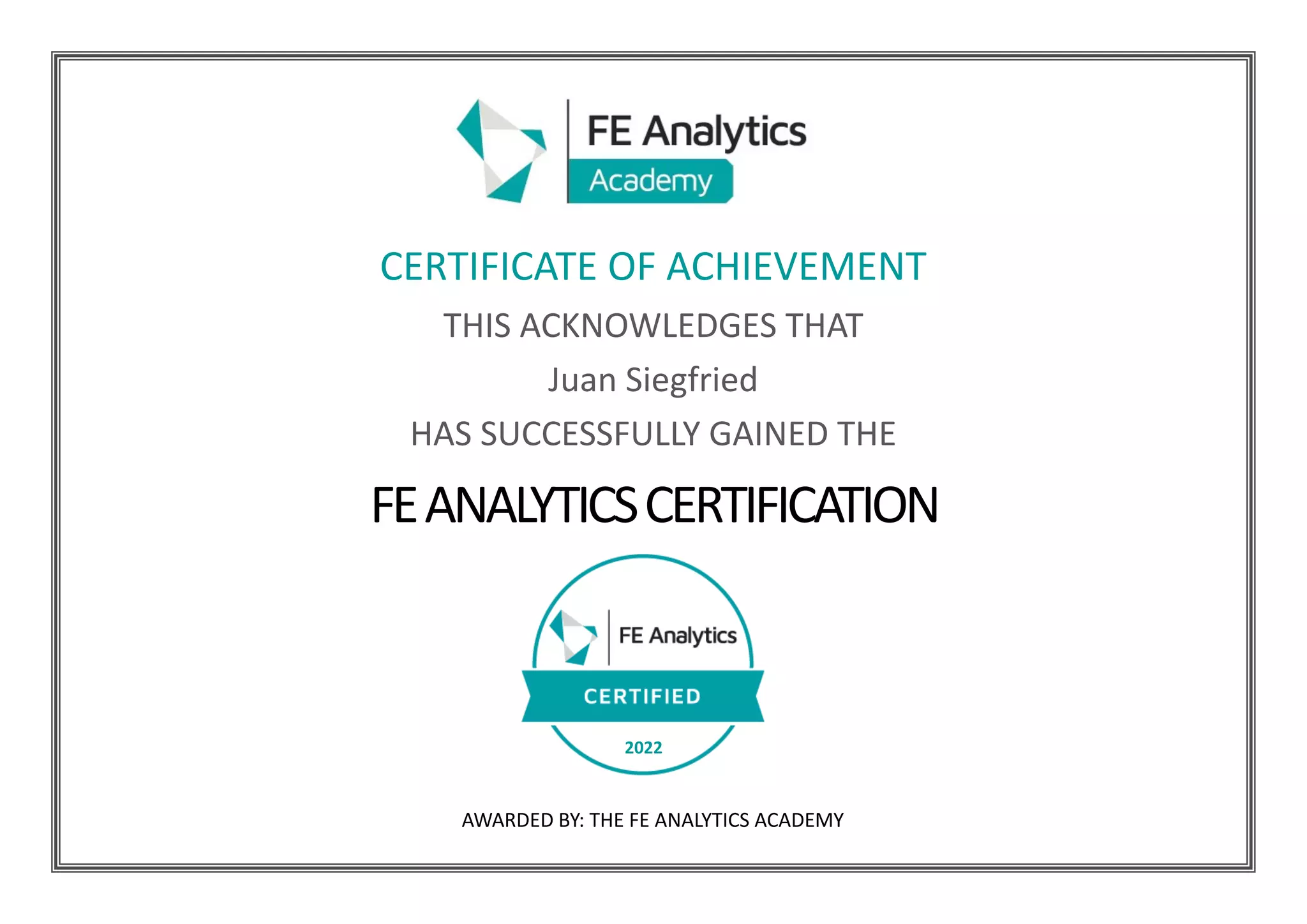 FE Analytics Exam certificate 2022 juan siegfried | PDF