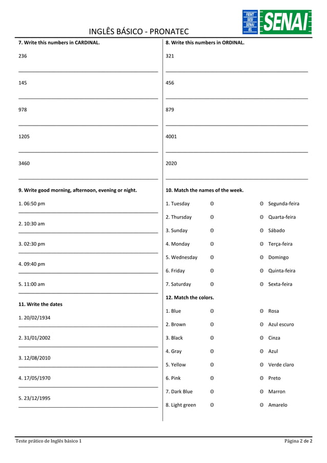 Exame ingles basico 1 | PDF