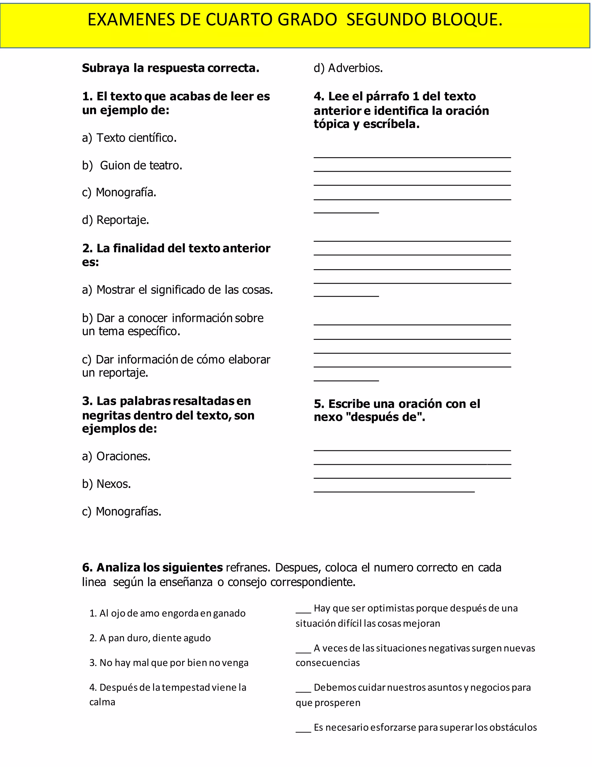 Examen cuarto grado de primaria segundo bloque | PDF