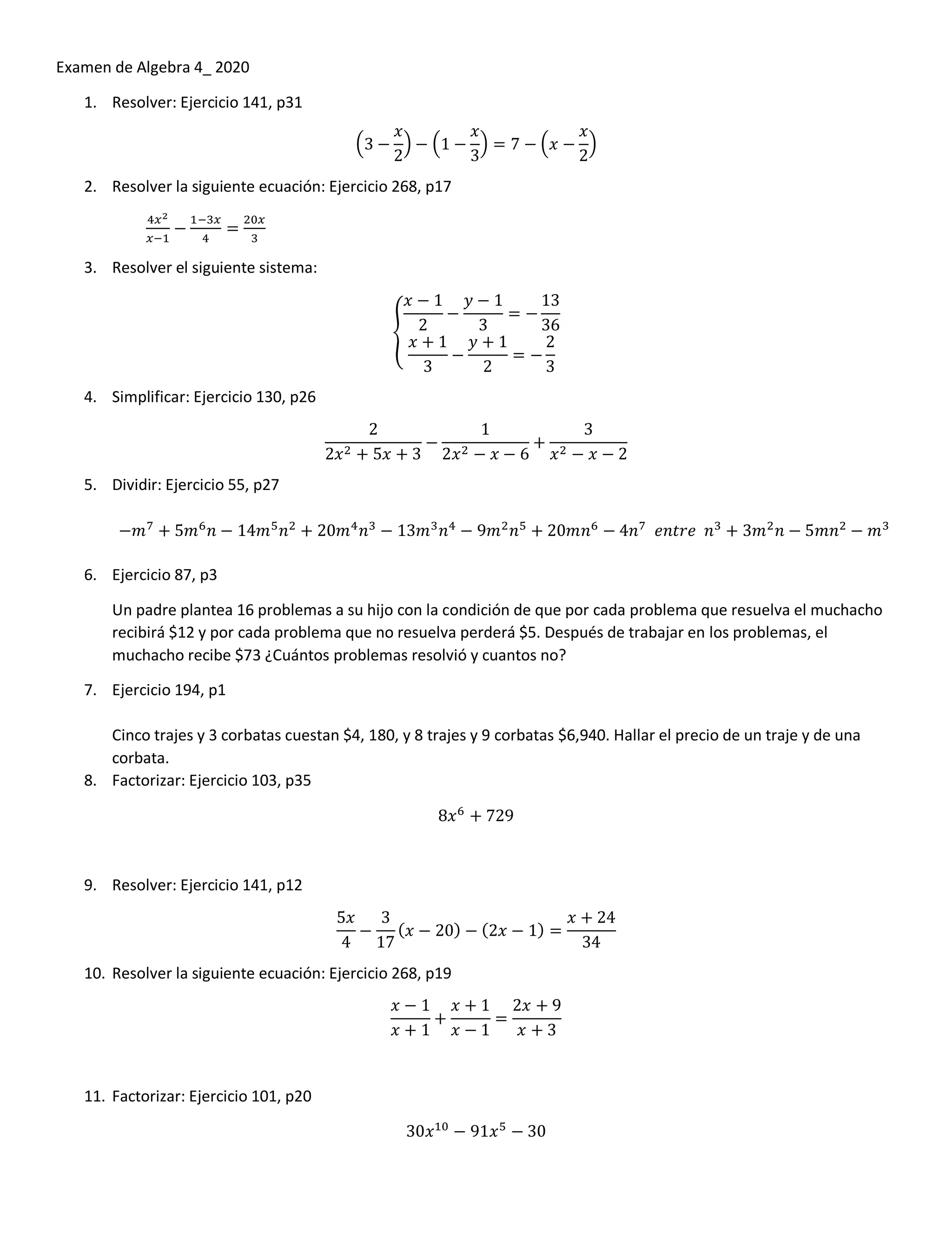 Examen de algebra 4 | PDF | Genetics | Science
