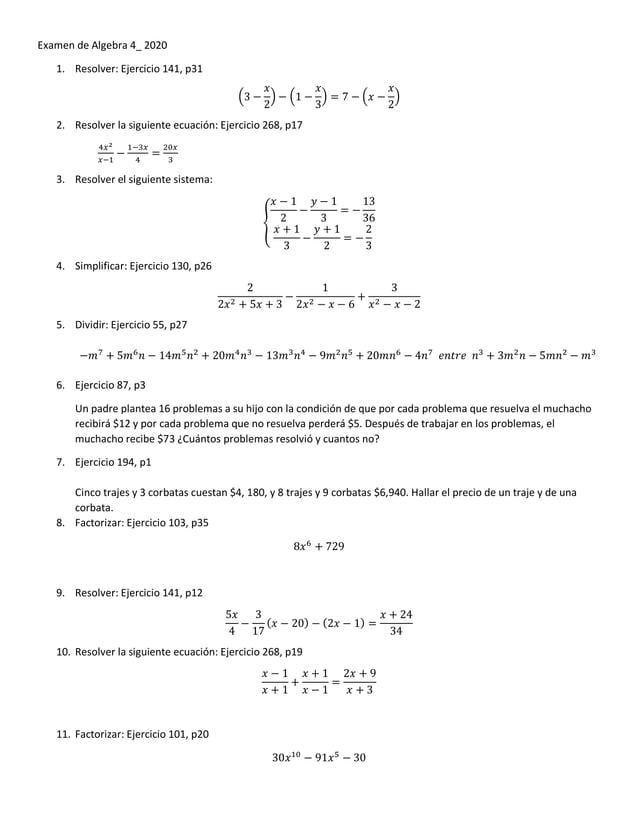 Examen de algebra 4 | PDF