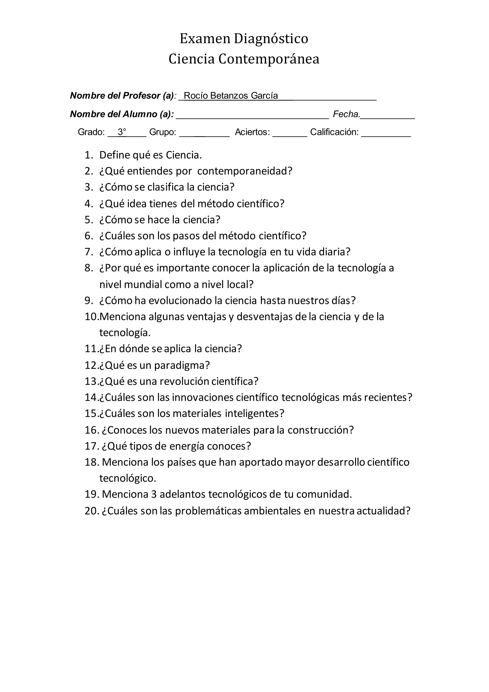 Examen de diagnostico de ciencia contemporanea | DOCX | Science