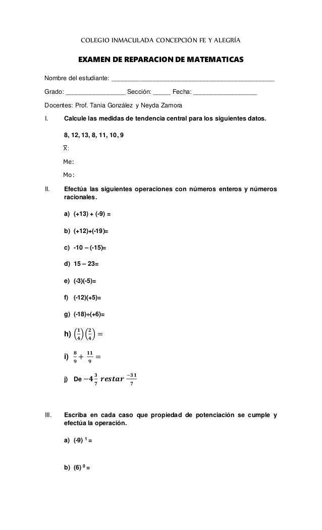 Modelo de Examen de Reparación de matemática Séptimo Grado