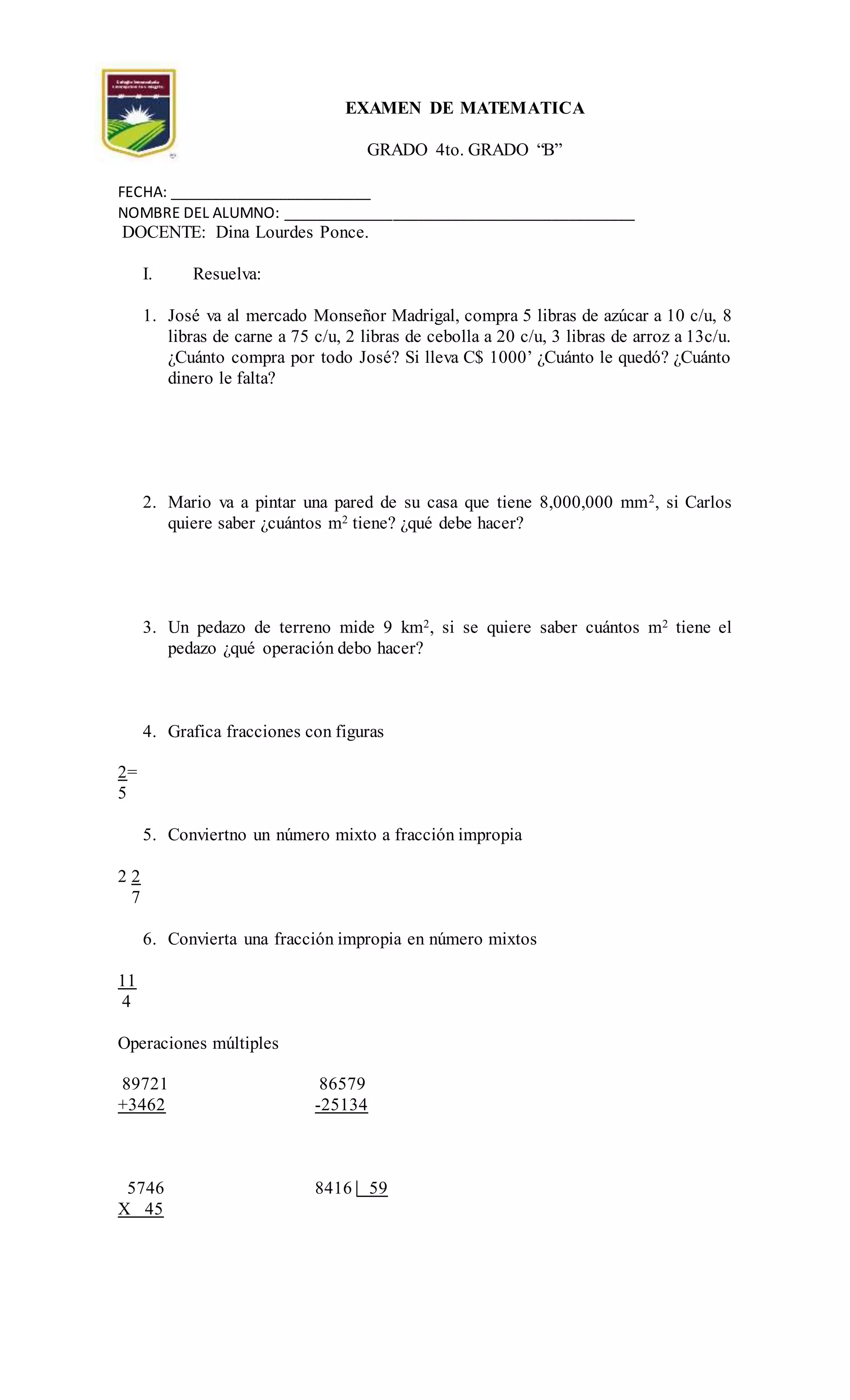 Modelo de Examen de Reparación de matemática Cuarto Grado | DOCX ...