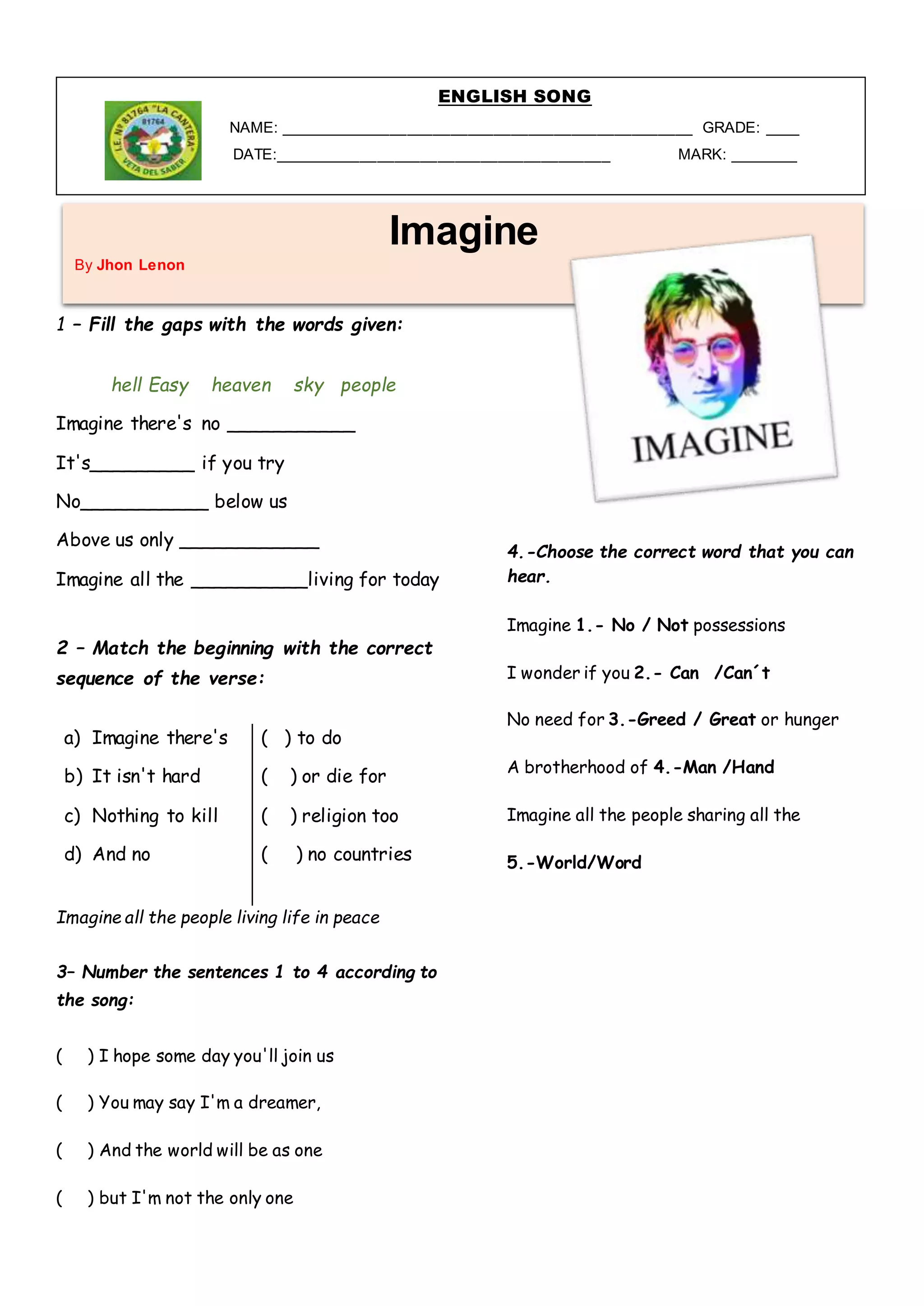listening comprehension using song "imagine" | DOCX