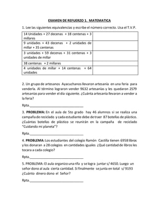 Examen de refuerzo 4to grado de primaria. | DOCX
