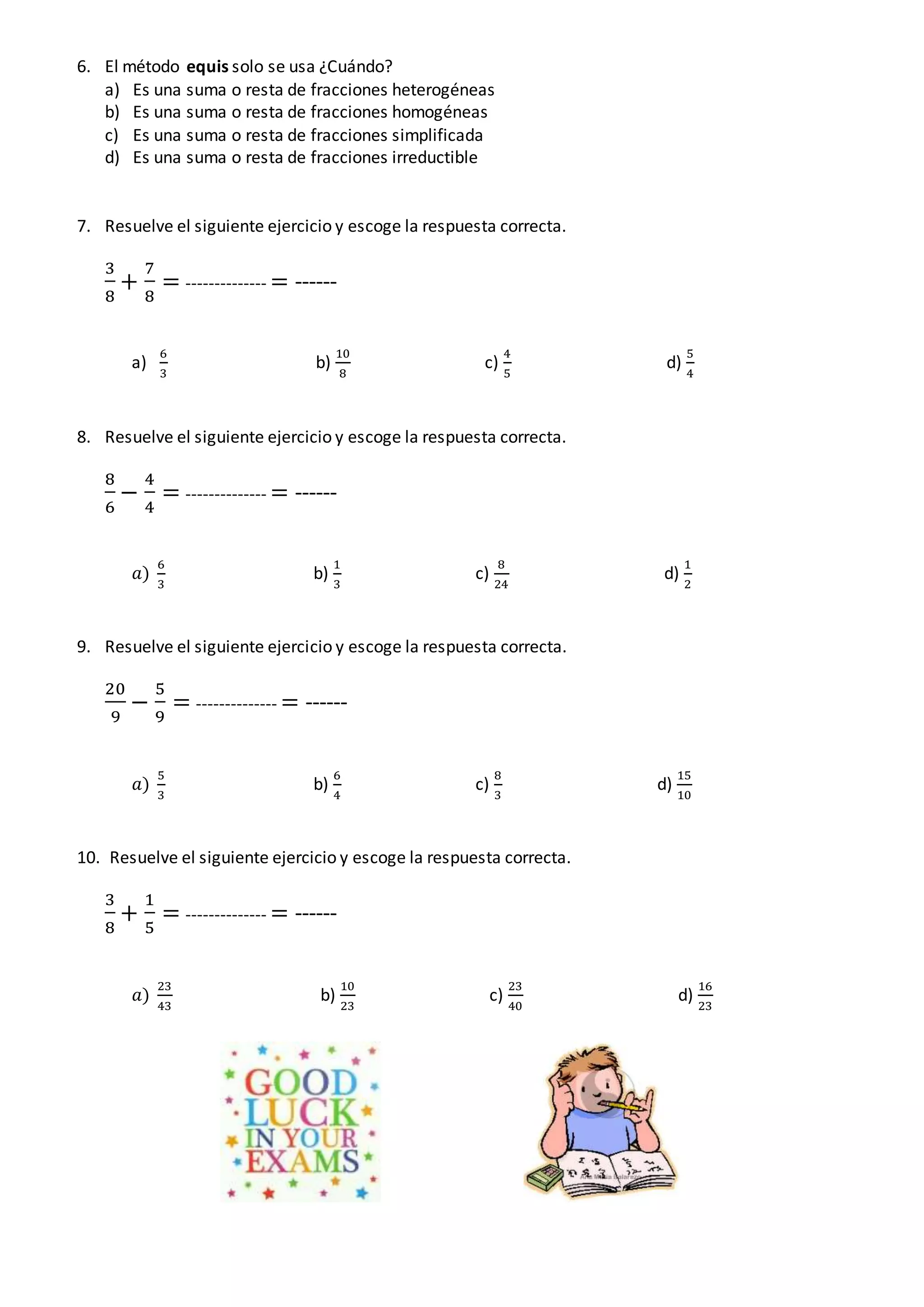 Examen de suma y resta de fracciones homogeneas y heterogeneas | DOCX
