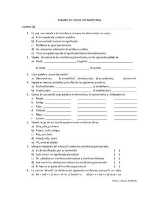 Examen de uso de los morfemas | DOCX