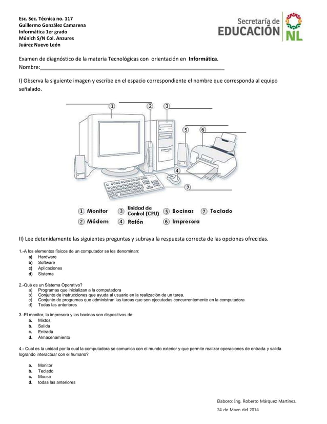 Examen diagnostico primer ingreso informatica | DOCX | Computing | Technology & Computing