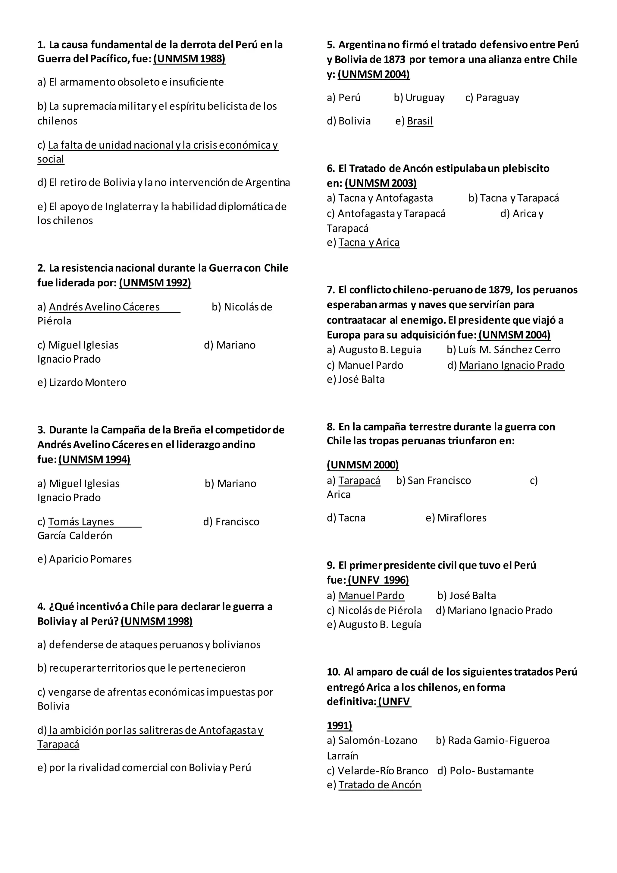 Examen guerra con chile con respuestas | DOCX