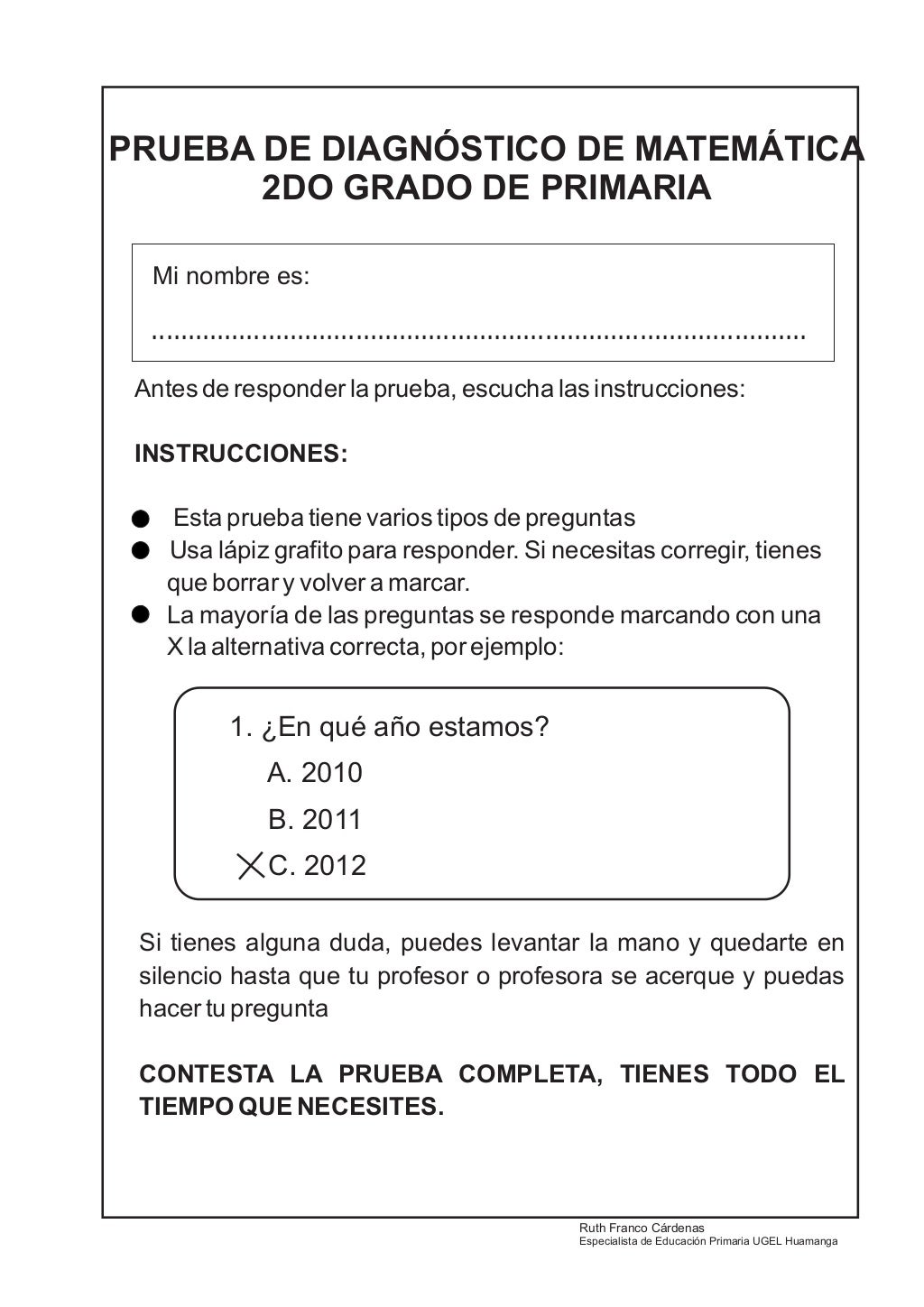 Examen matemática segundo grado.