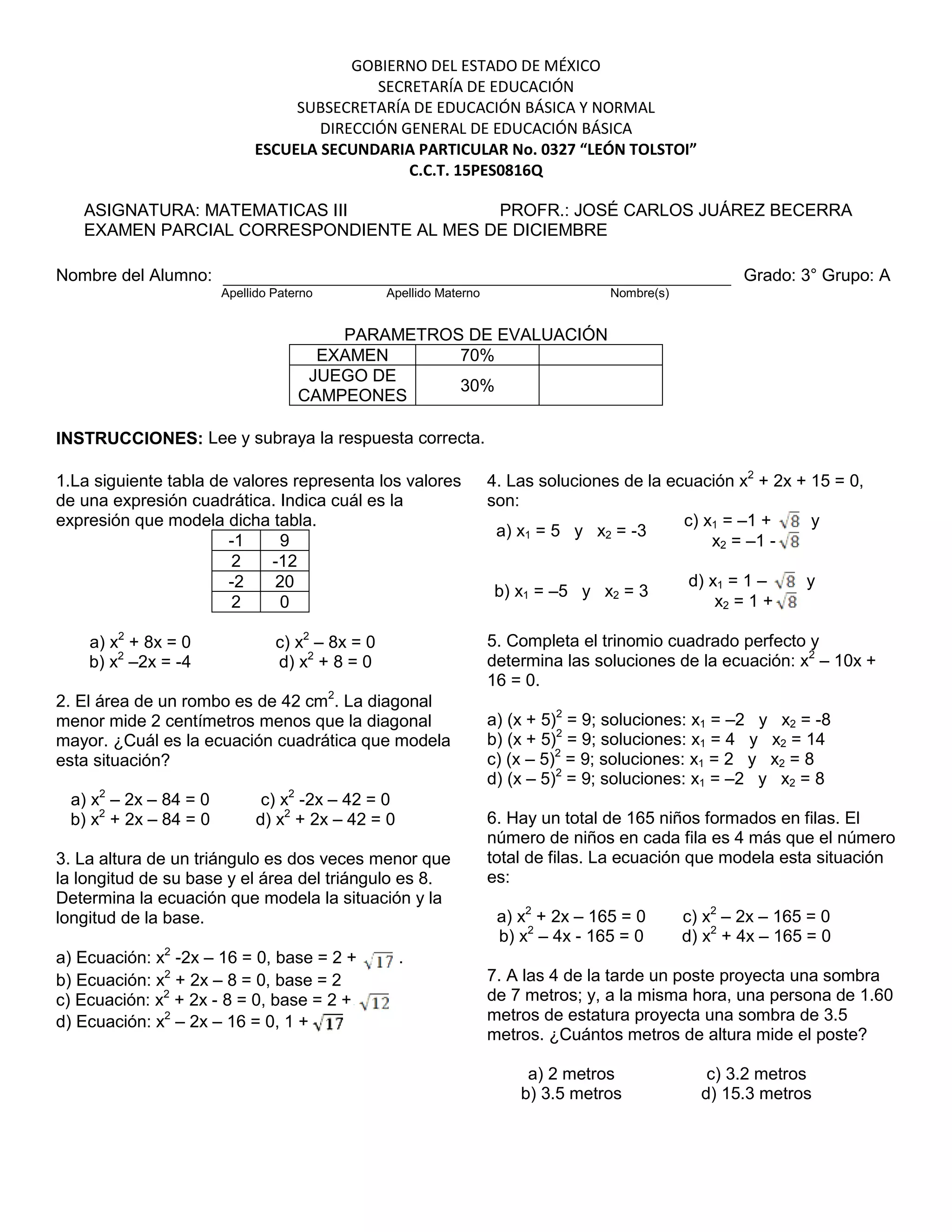 Examen De Matemáticas De Secundaria Ayuda ,no Estudie El Examen