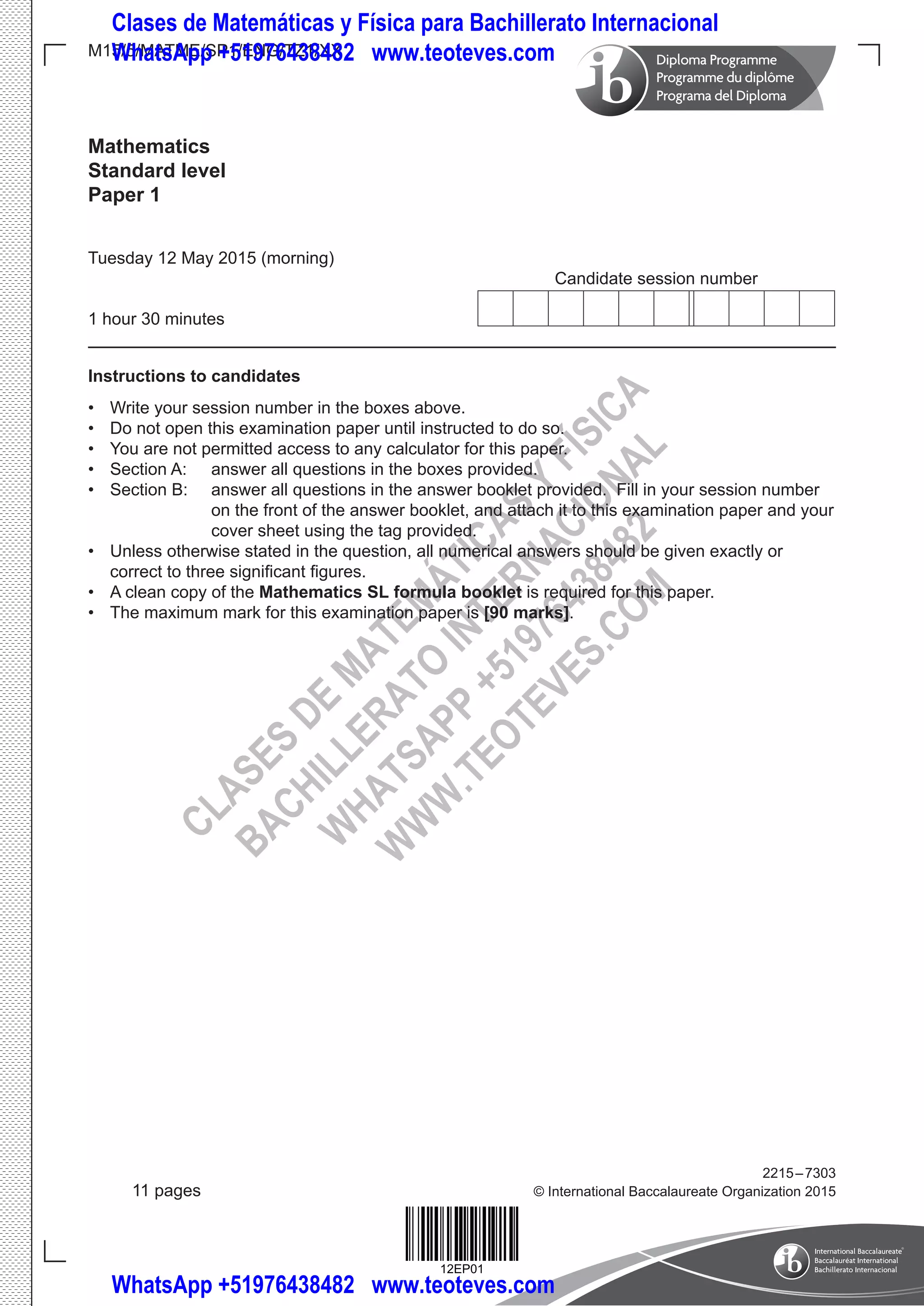 Examen Matemáticas IB Nivel Medio Prueba 1 TZ1 Mayo 2015 | PDF