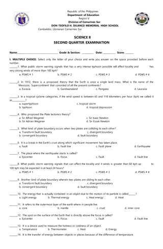Exam grade 8 2nd q | DOCX | Weather | Science