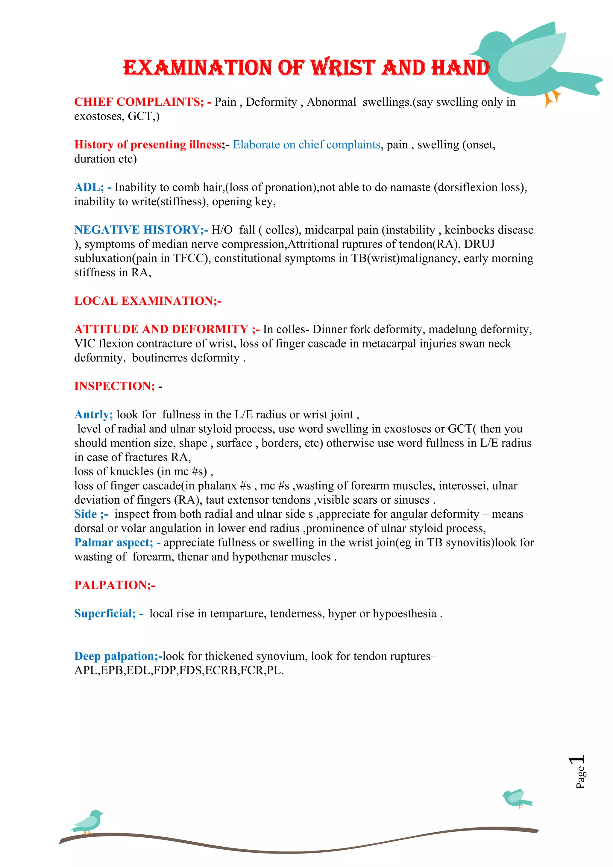 Examination of wrist and hand | PDF