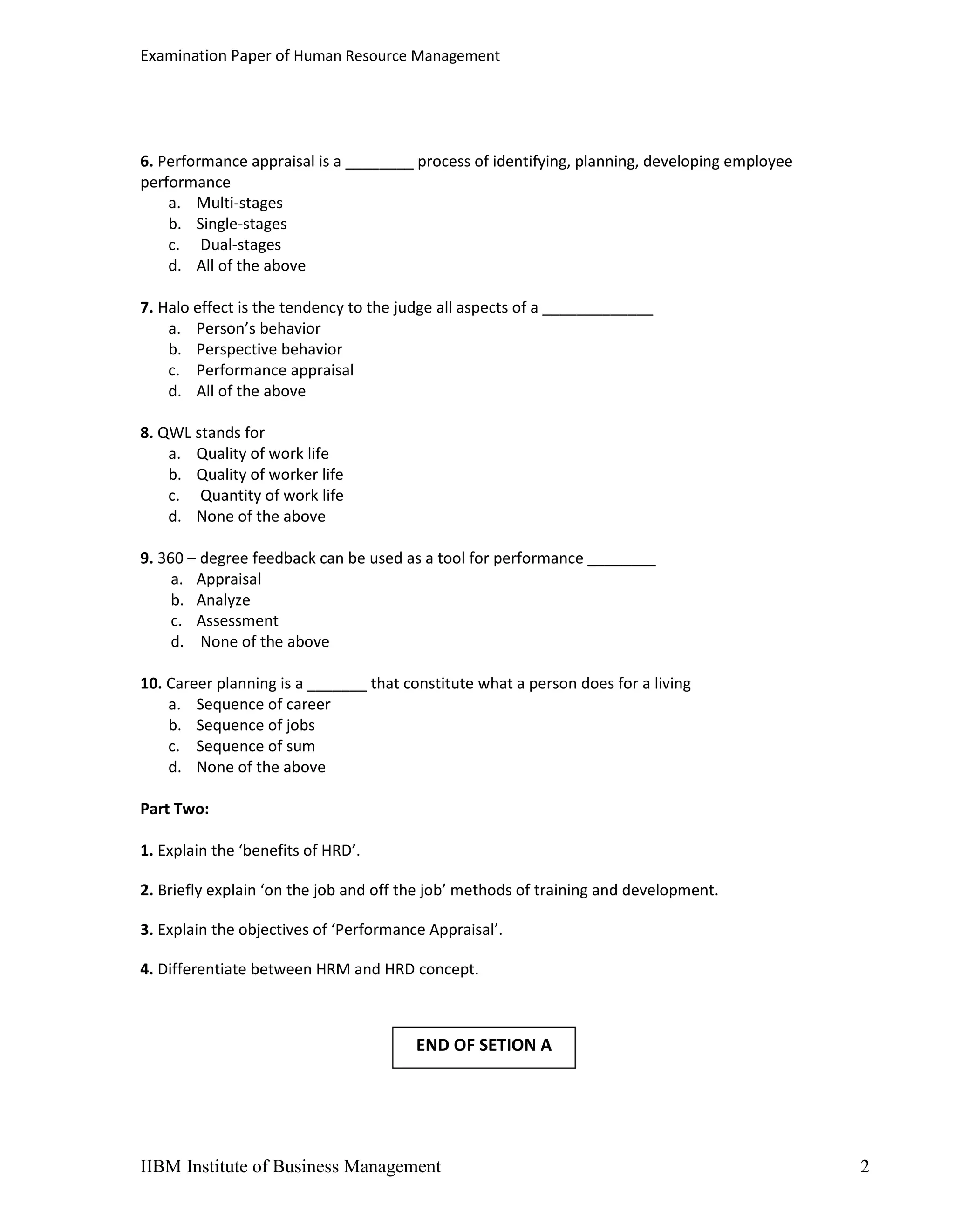 Examination paper human resource development & training and industrial ...