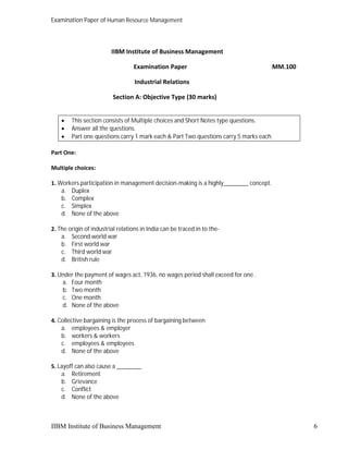 Examination paper human resource development & training and industrial ...