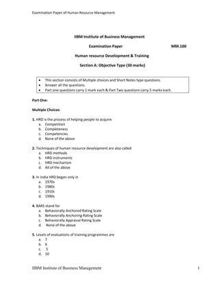 Examination paper human resource development & training and industrial ...