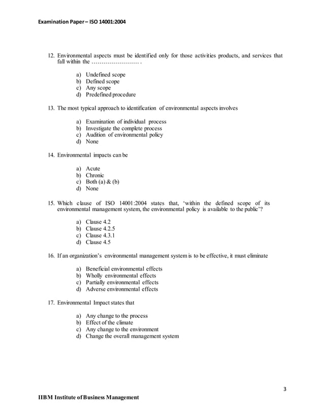 Examination paper of_iso_14001 | DOCX | Business | Business and Finance