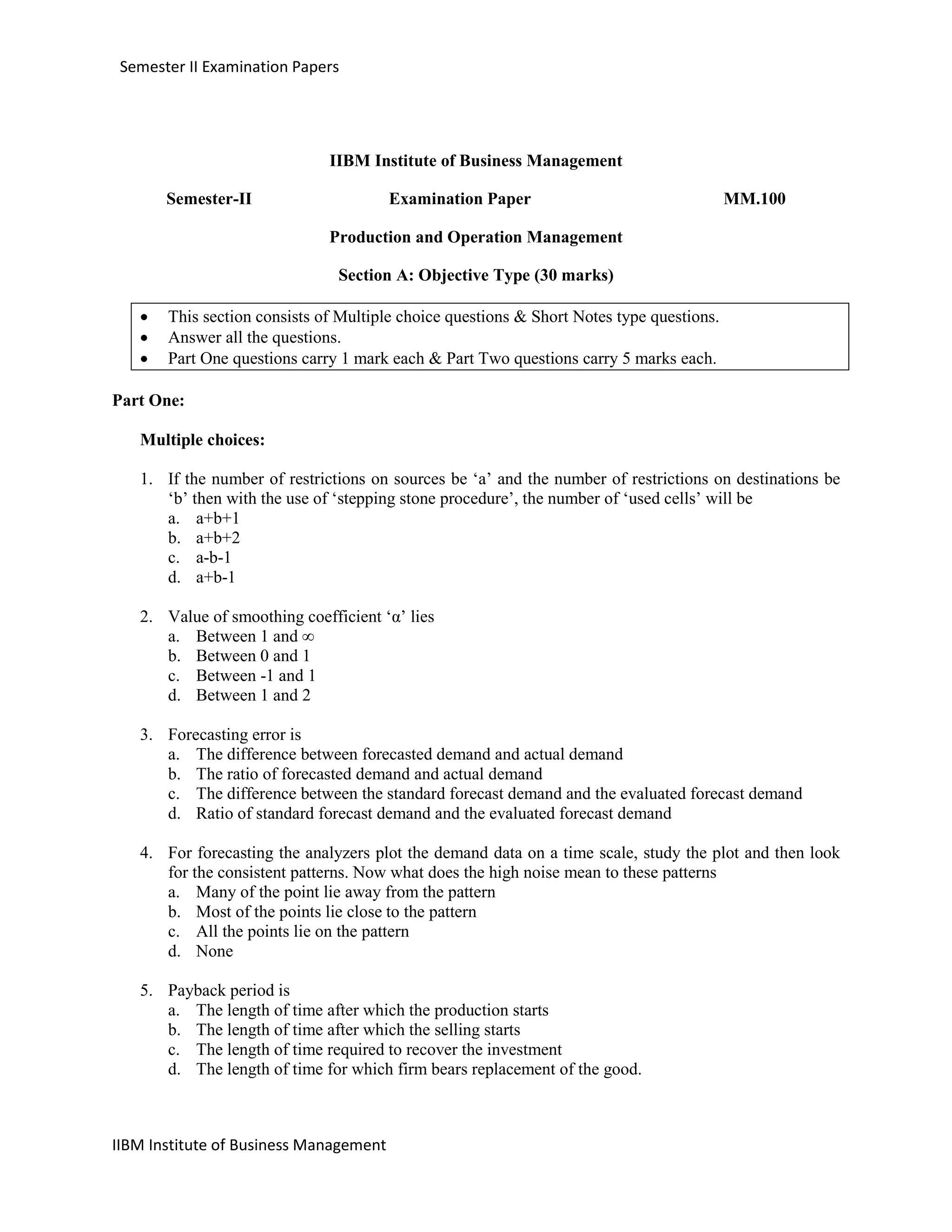 Examination paper of production & operation management | PDF