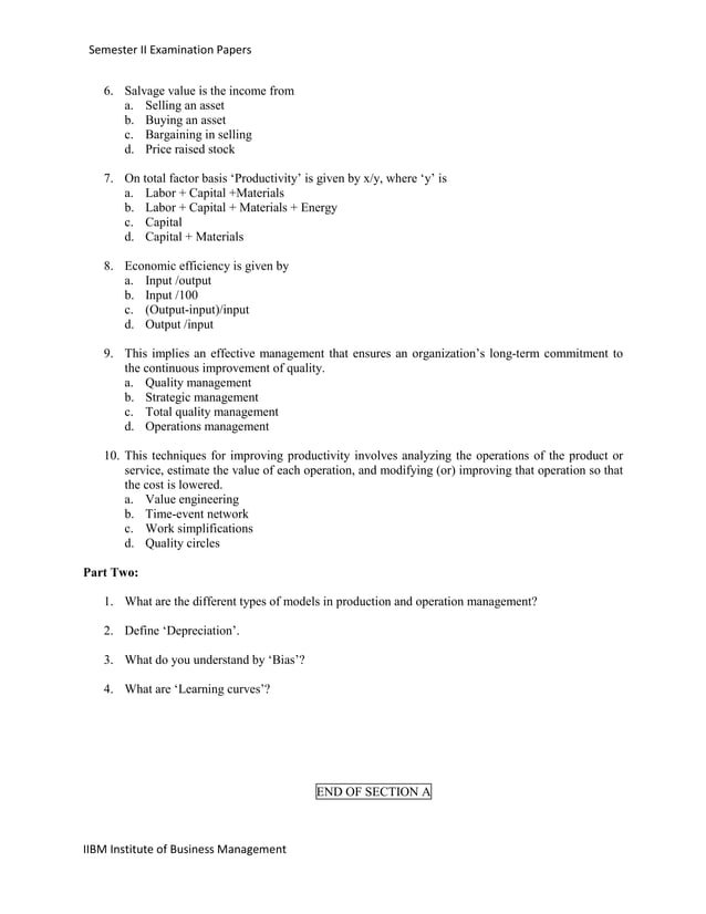 Examination paper of production & operation management (1) | PDF ...