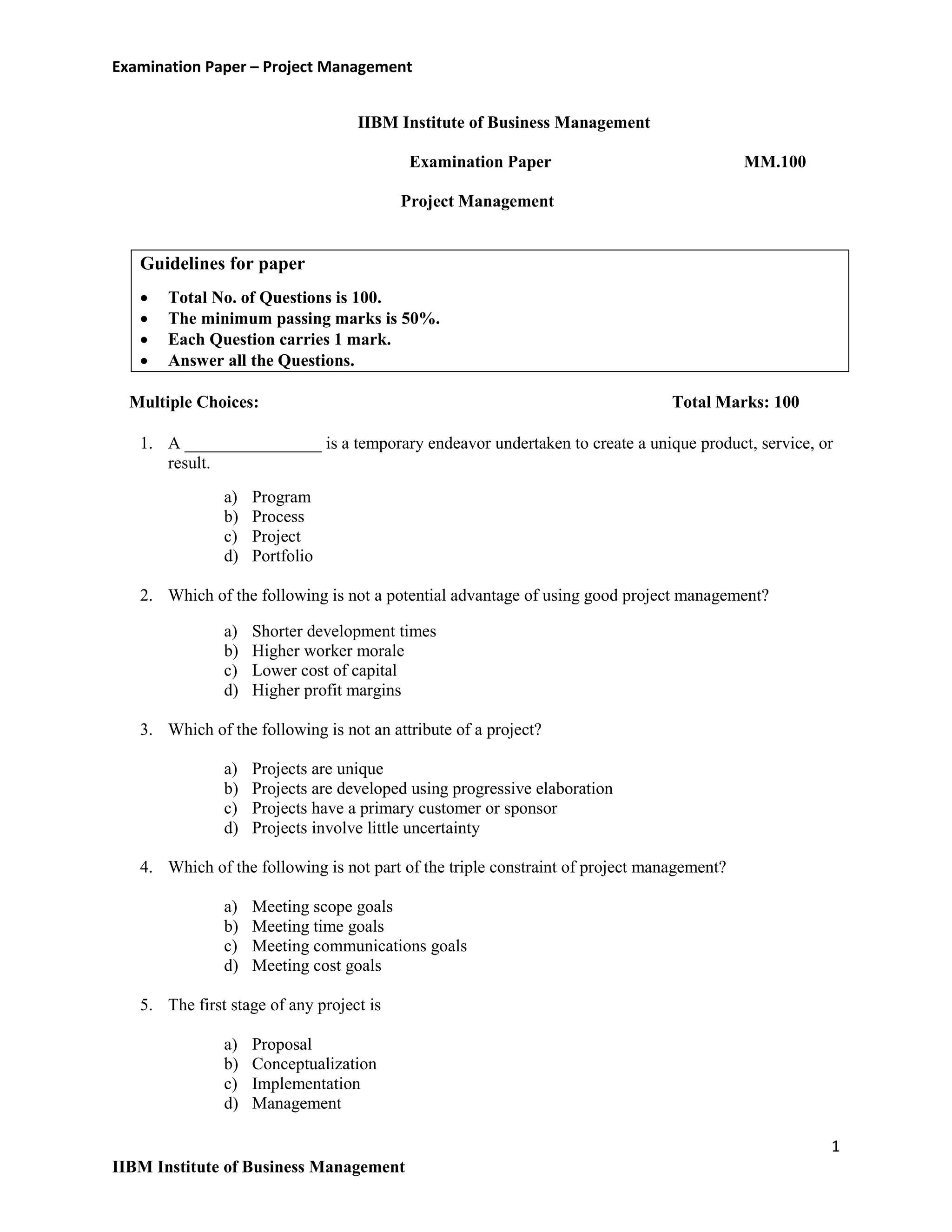Examination paper of project management certification | PDF