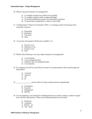 Examination paper of project management certification | PDF