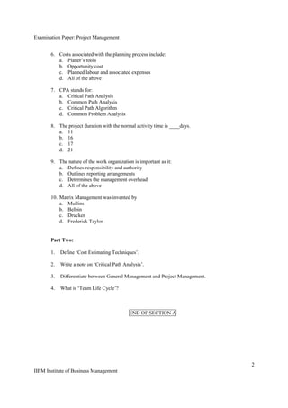 Examination papers of project management and project managment in it | PDF