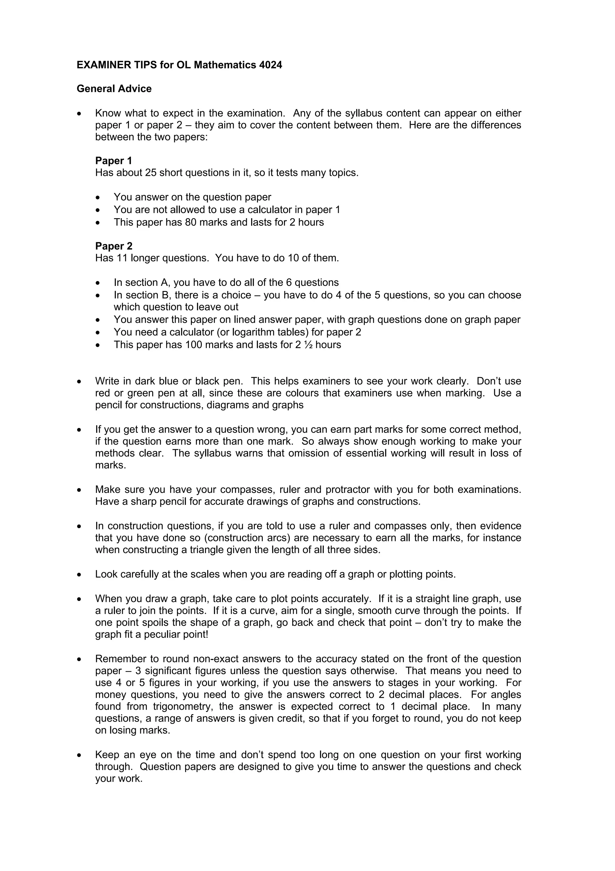 Examiner tips for ol mathematics | PDF