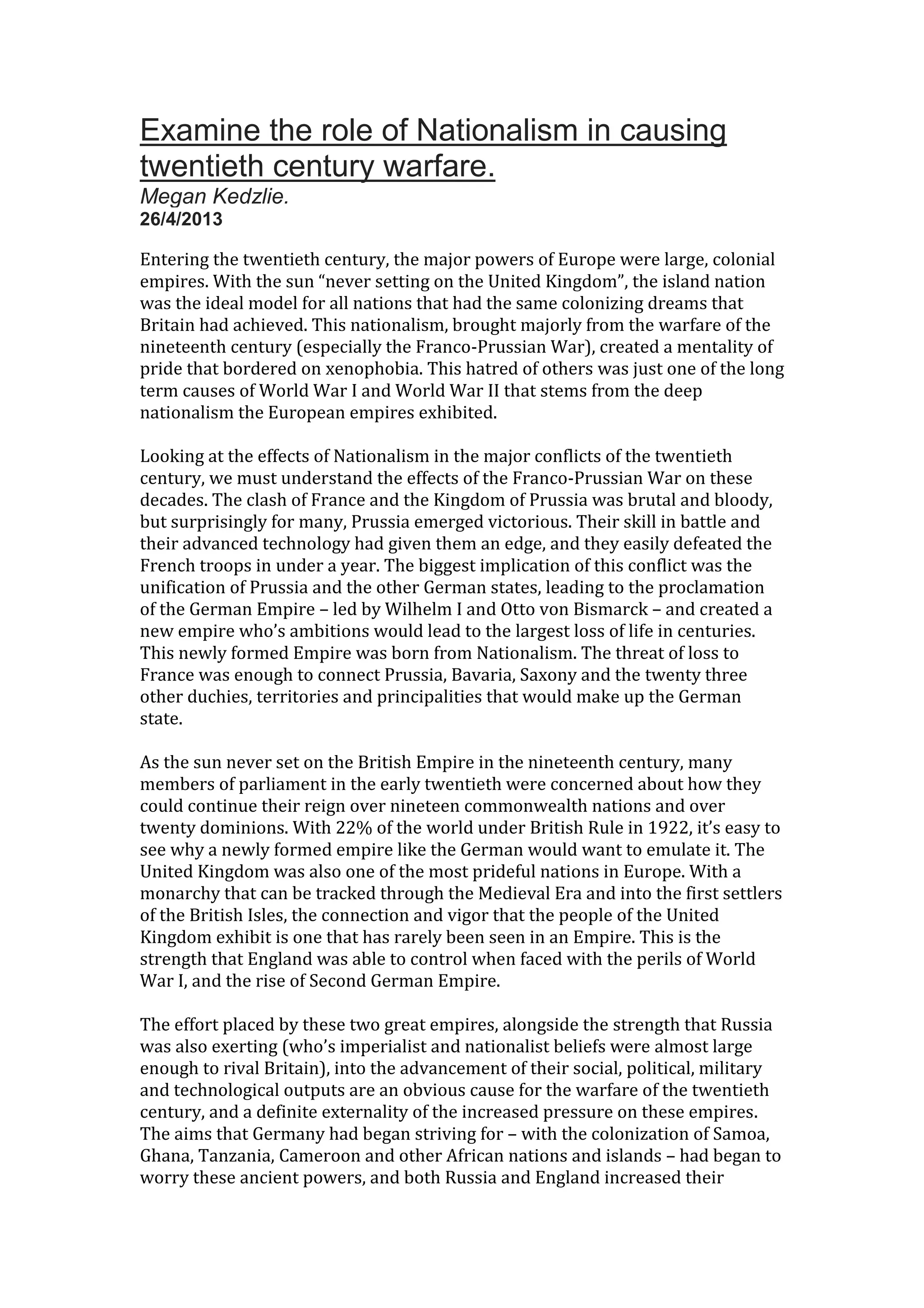 Examine the role of nationalism in causing twentieth century warfare | DOCX