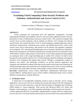 Examining Cloud Computing's Data Security Problems and Solutions: Authentication and Access ...