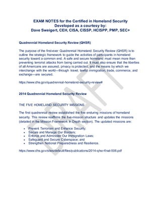 EXAM NOTES for Certificate in Homeland Security CHS-I | DOCX