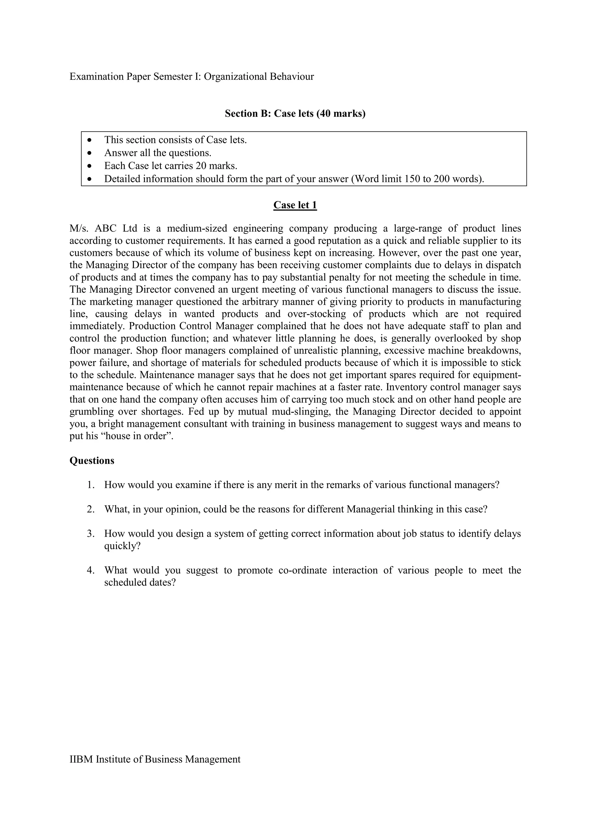 Exam paper organizational behaviour | PDF