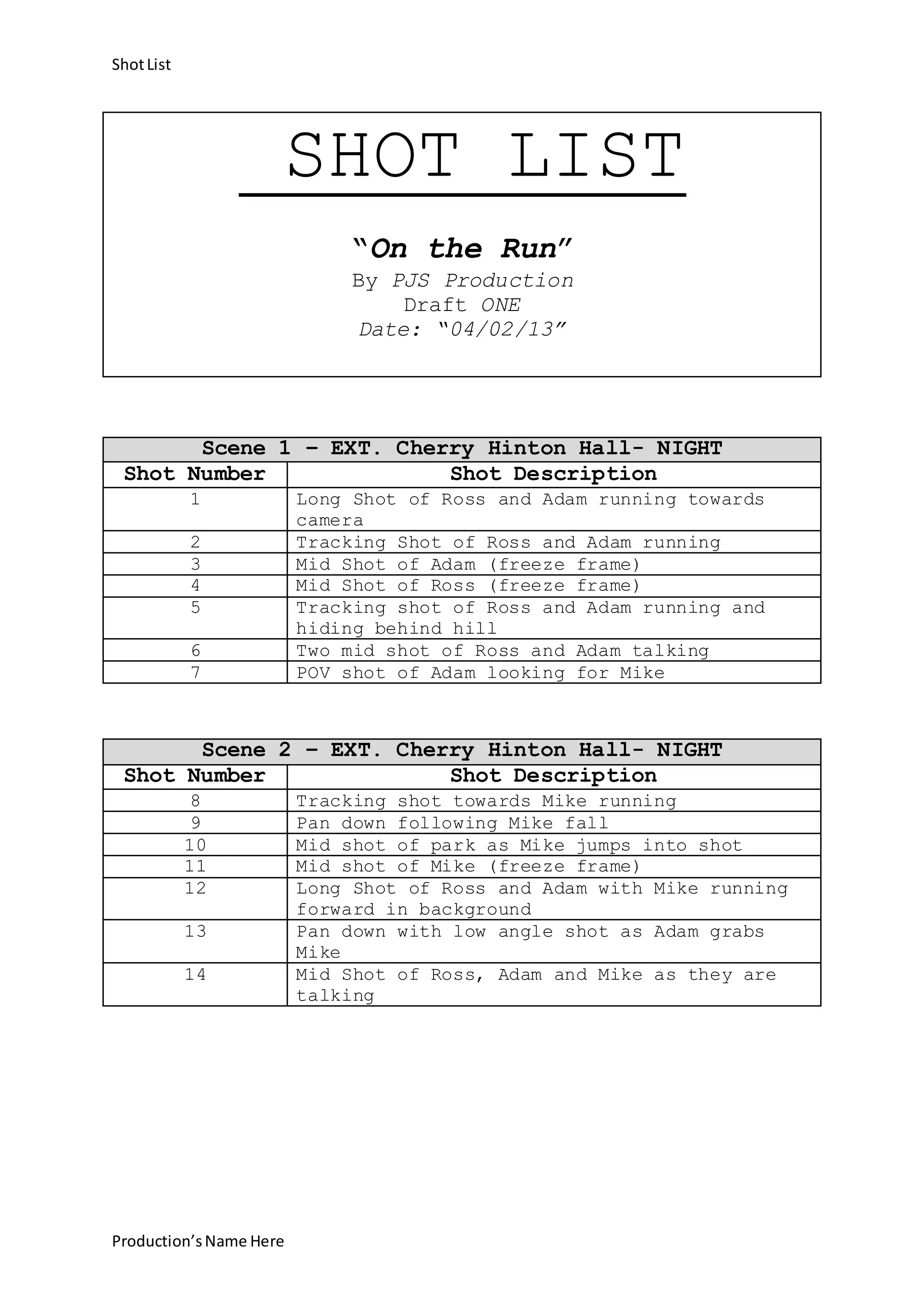 Shot List (draft 1) | DOCX