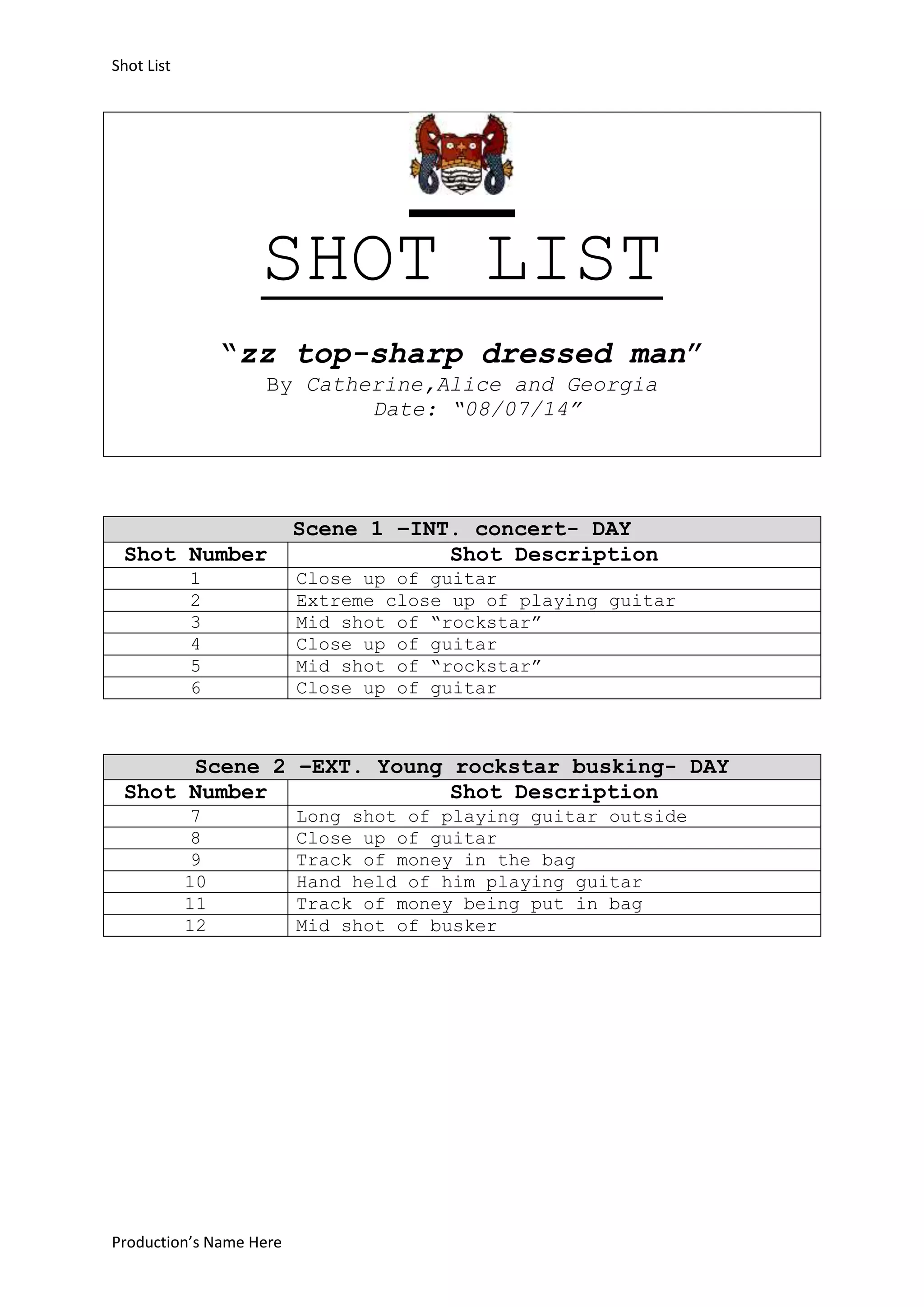 ZZ top shot list | DOCX