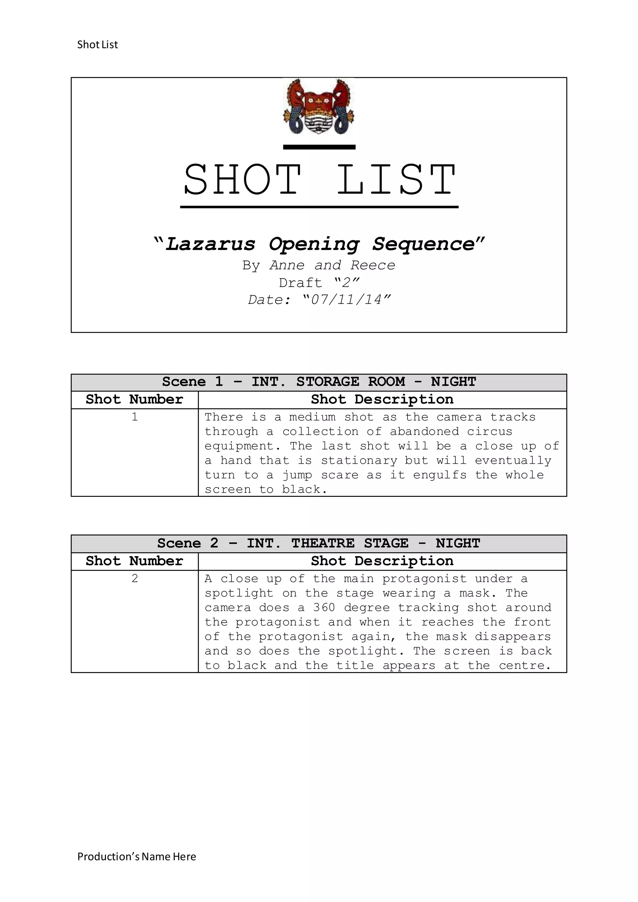 Lazarus Opening Sequence - Shot List | DOCX