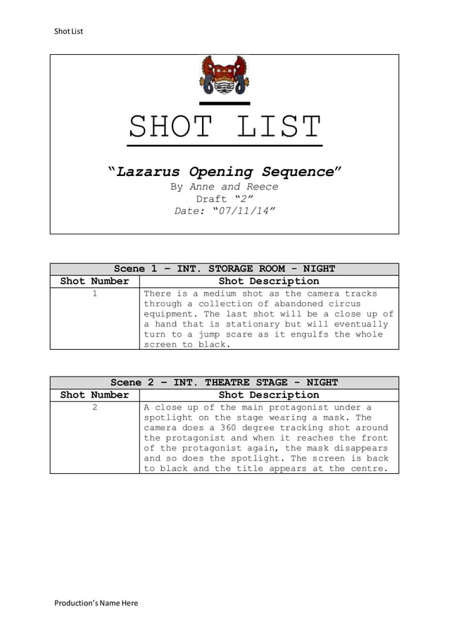 Lazarus Opening Sequence - Shot List | DOCX