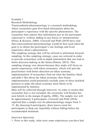 Example 1Research MethodologyTranscendental phenomenology is a.docx