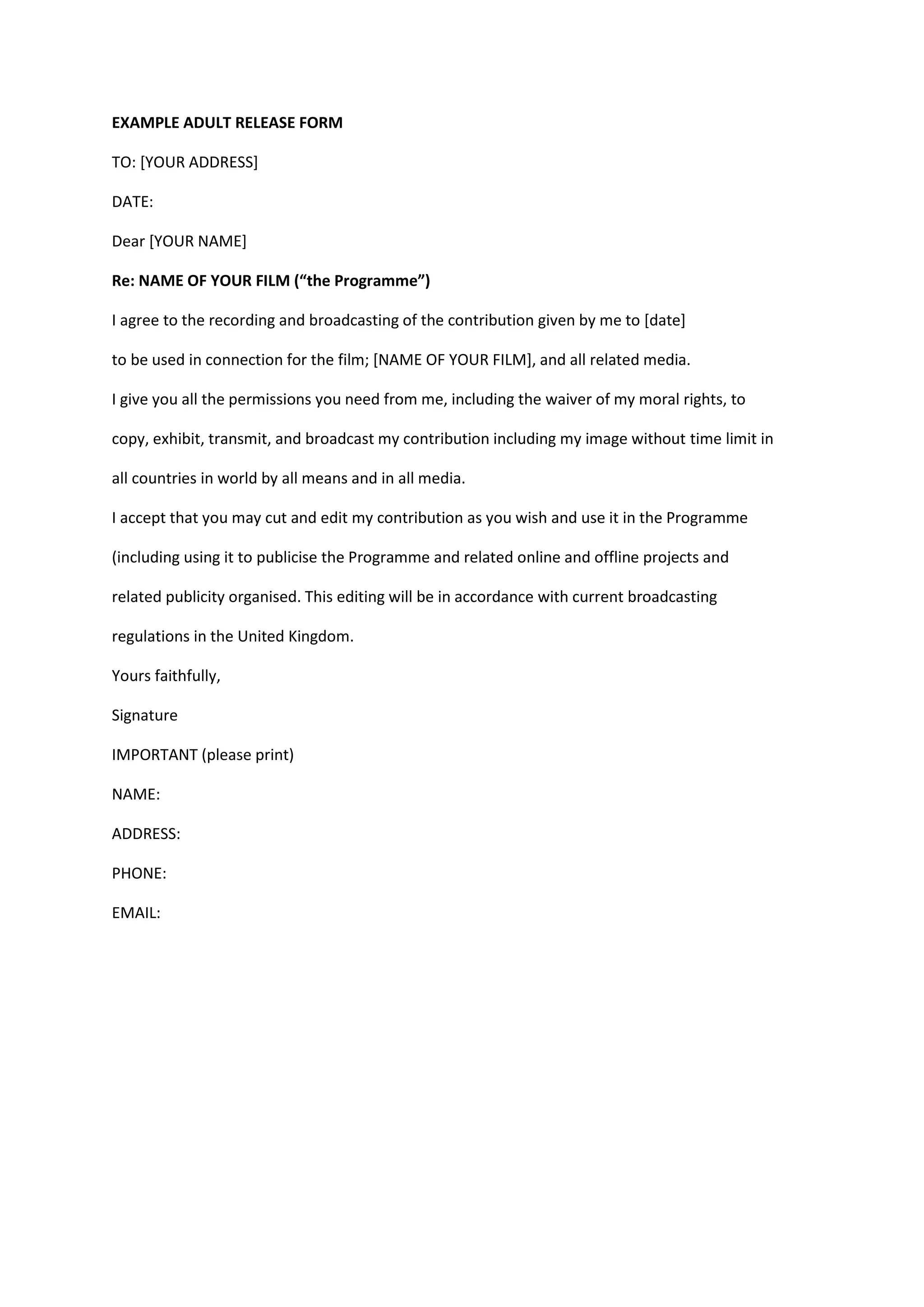 Example adult release form | DOCX