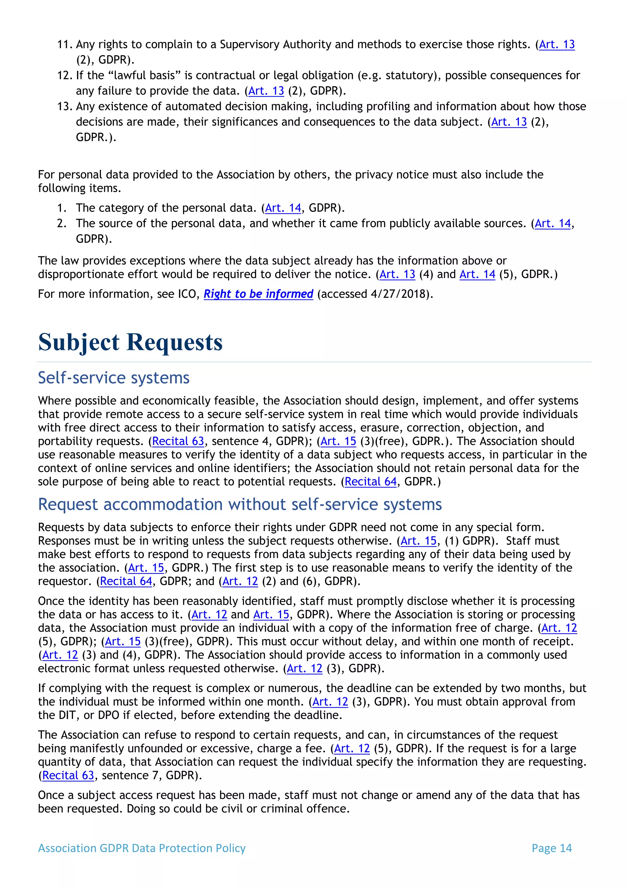 Example Association Internal GDPR Policy | PDF