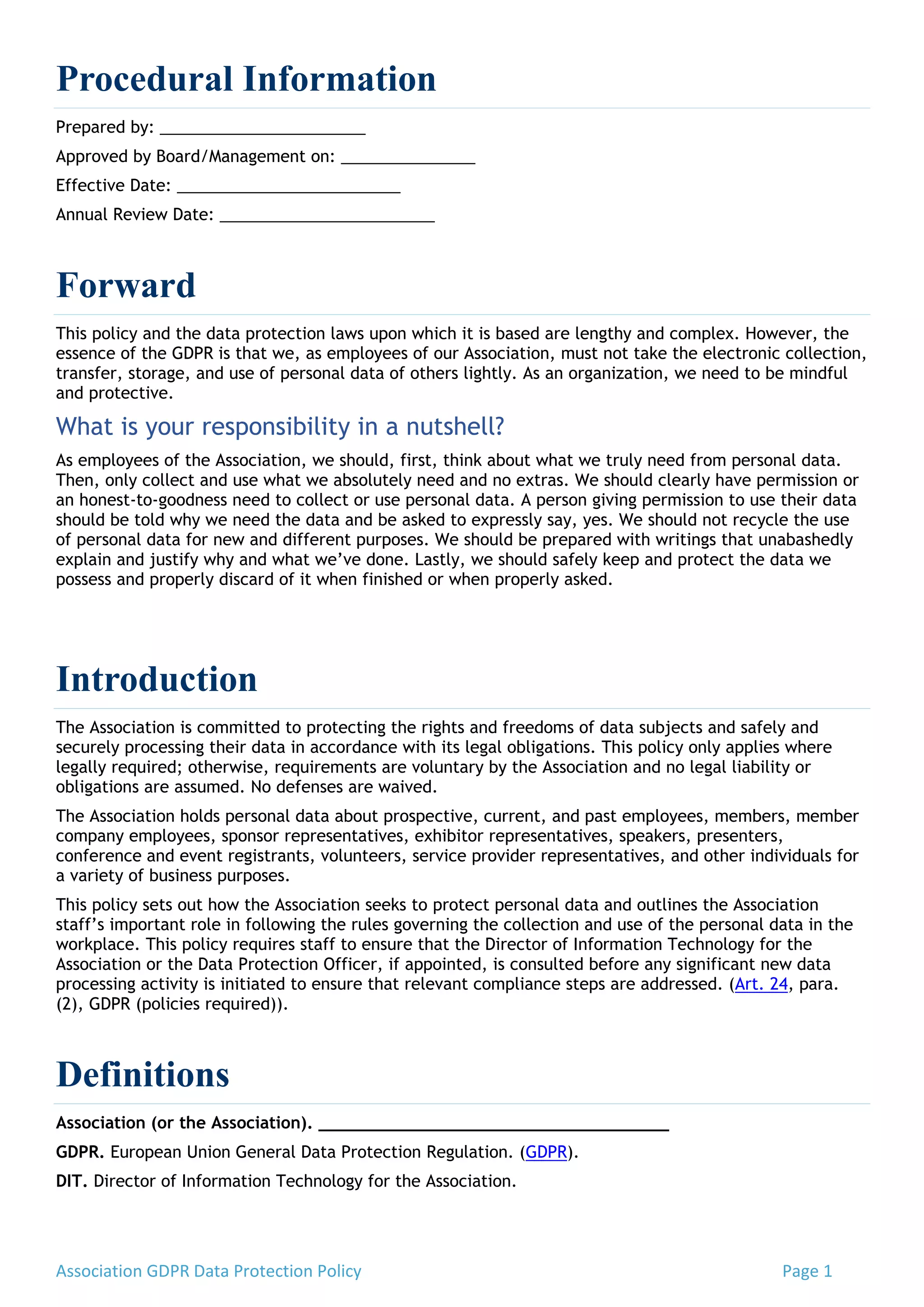 Example Association Internal GDPR Policy | PDF