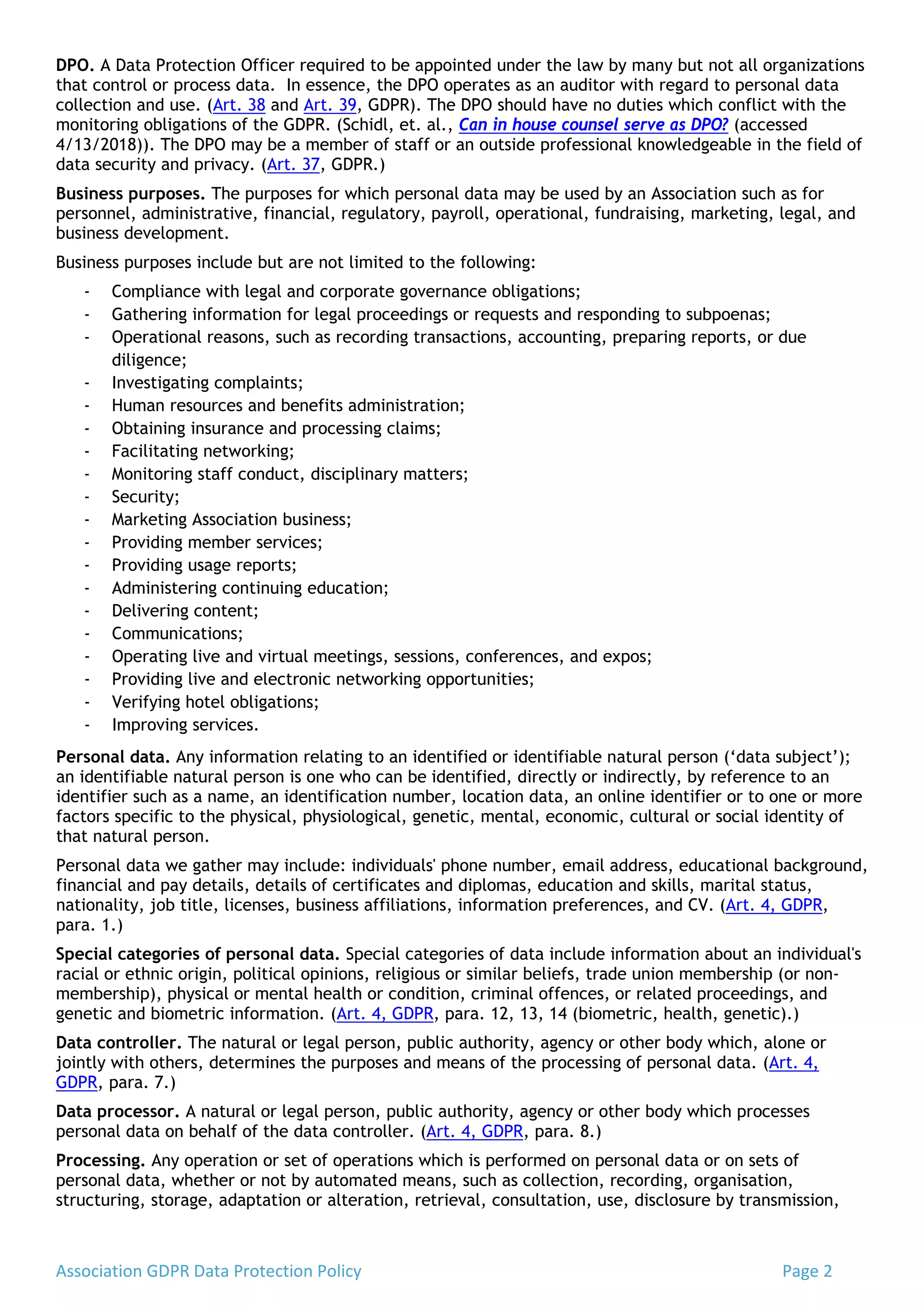 Example Association Internal GDPR Policy | PDF