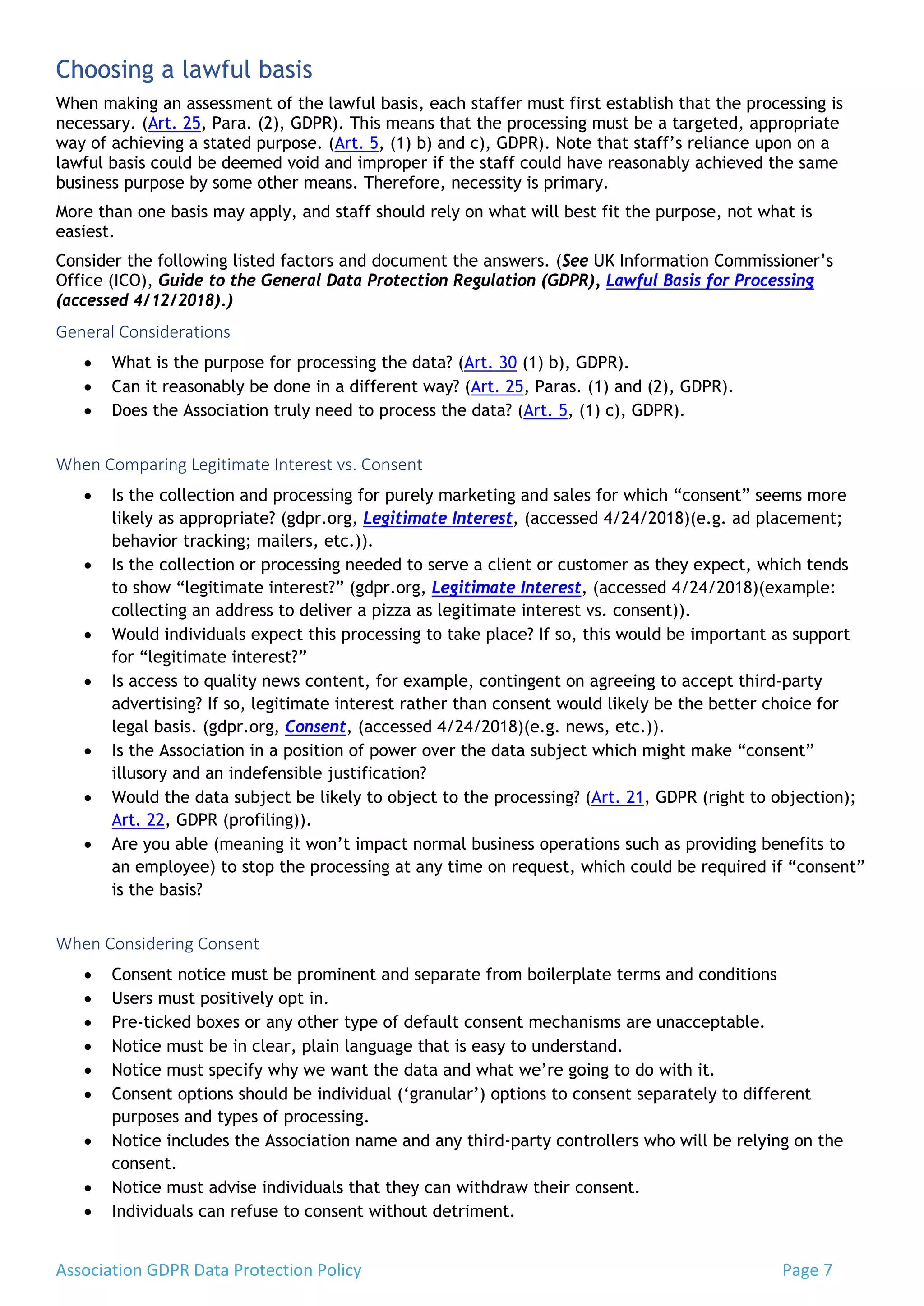 Example Association Internal GDPR Policy | PDF