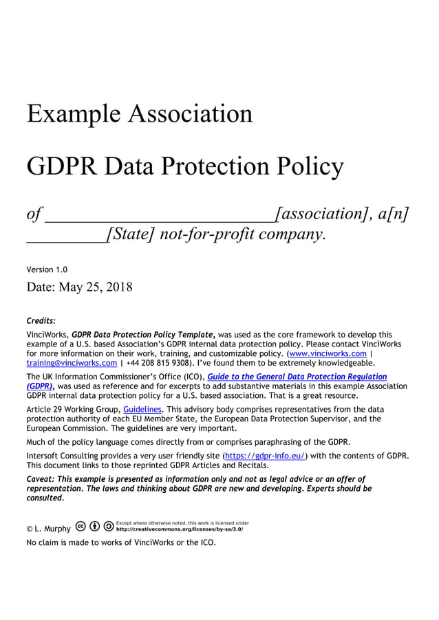 Example Association Internal GDPR Policy | PDF
