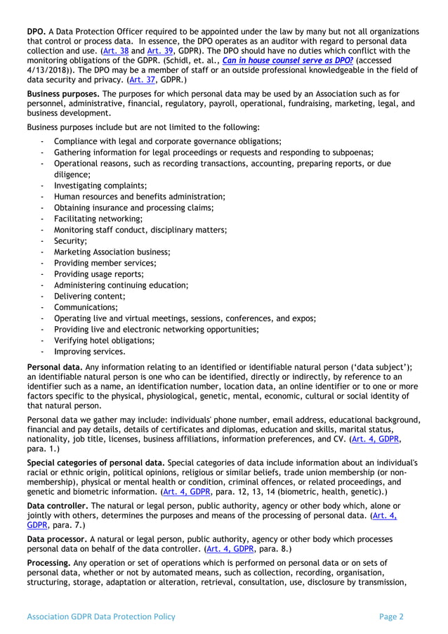 Example Association Internal GDPR Policy | PDF