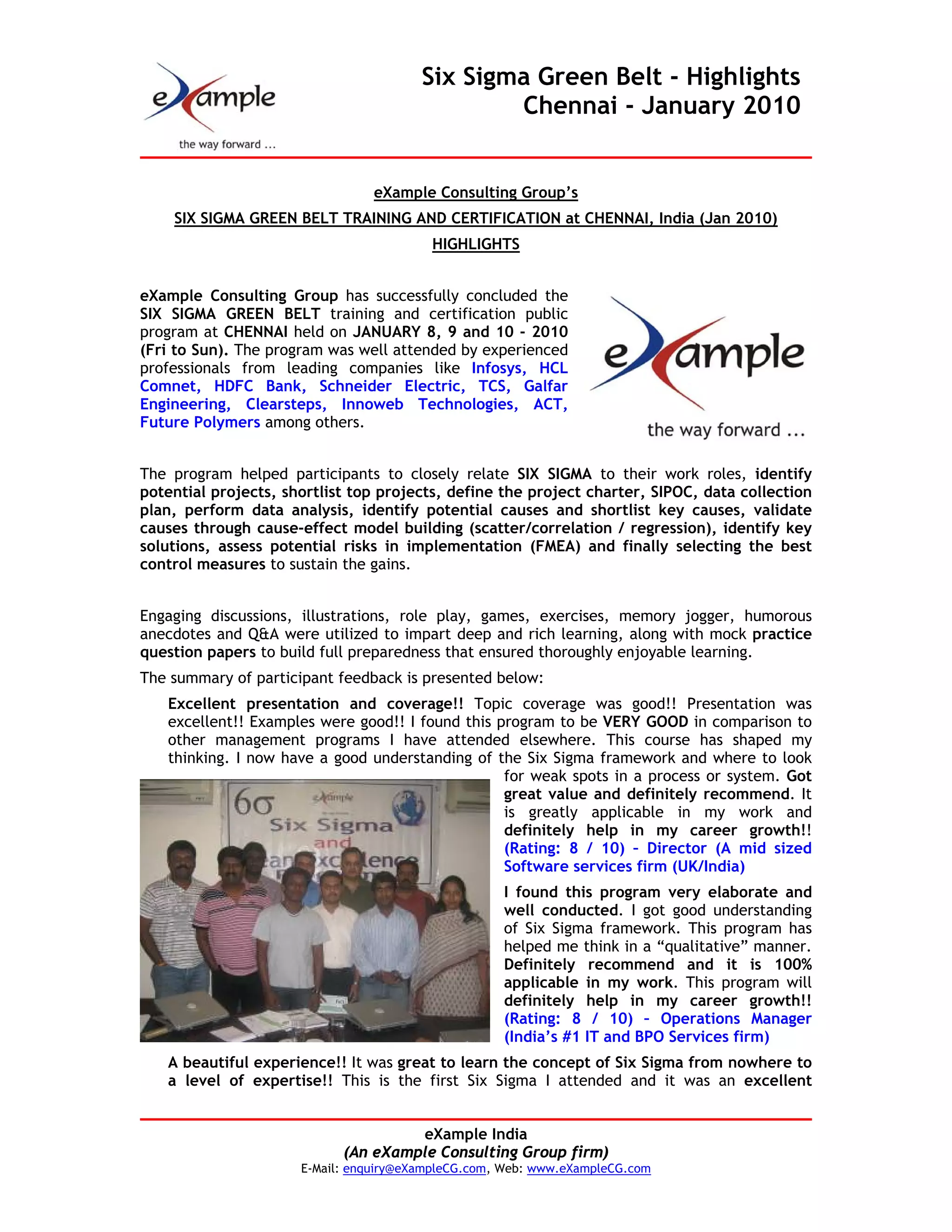 eXampleCG Six Sigma Green Belt At Chennai Jan 2010 Highlights | PDF