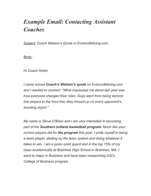 Example Email: Contacting Assistant College Coaches | PDF