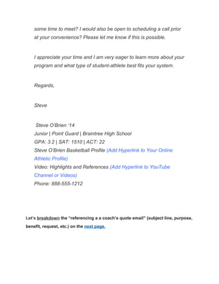 Example Emails for College Coaches: Reference a Quote from a Coach | PDF