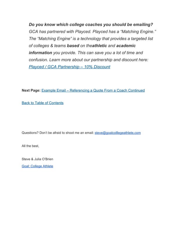 Example Emails for College Coaches: Reference a Quote from a Coach | PDF